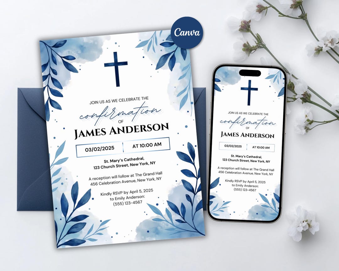 Blue Boys Confirmation Invitation Template, Boy Confirmation Invite ...