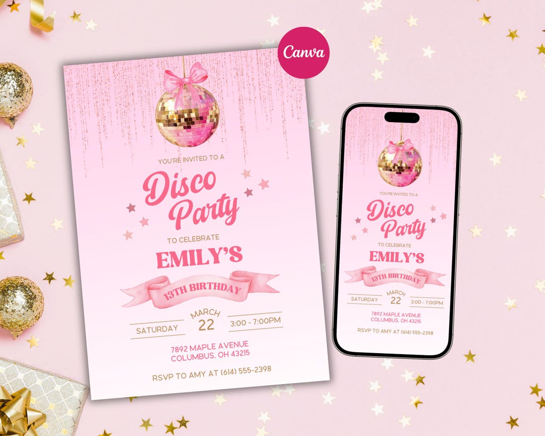 Pink Disco Party Birthday Invitation Template, Disco Ball Party ...