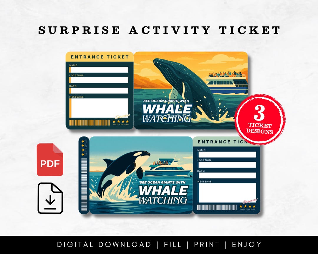 Printable Whale Watching Surprise Trip Gift Ticket, Whale Encounter ...