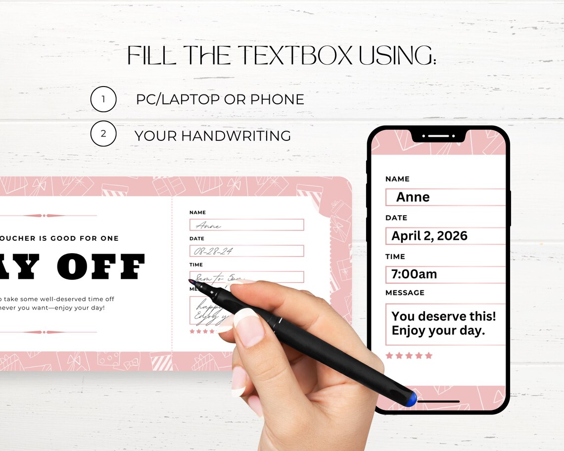 Printable DAY OFF Coupon Certificate, Editable Voucher Personalized ...