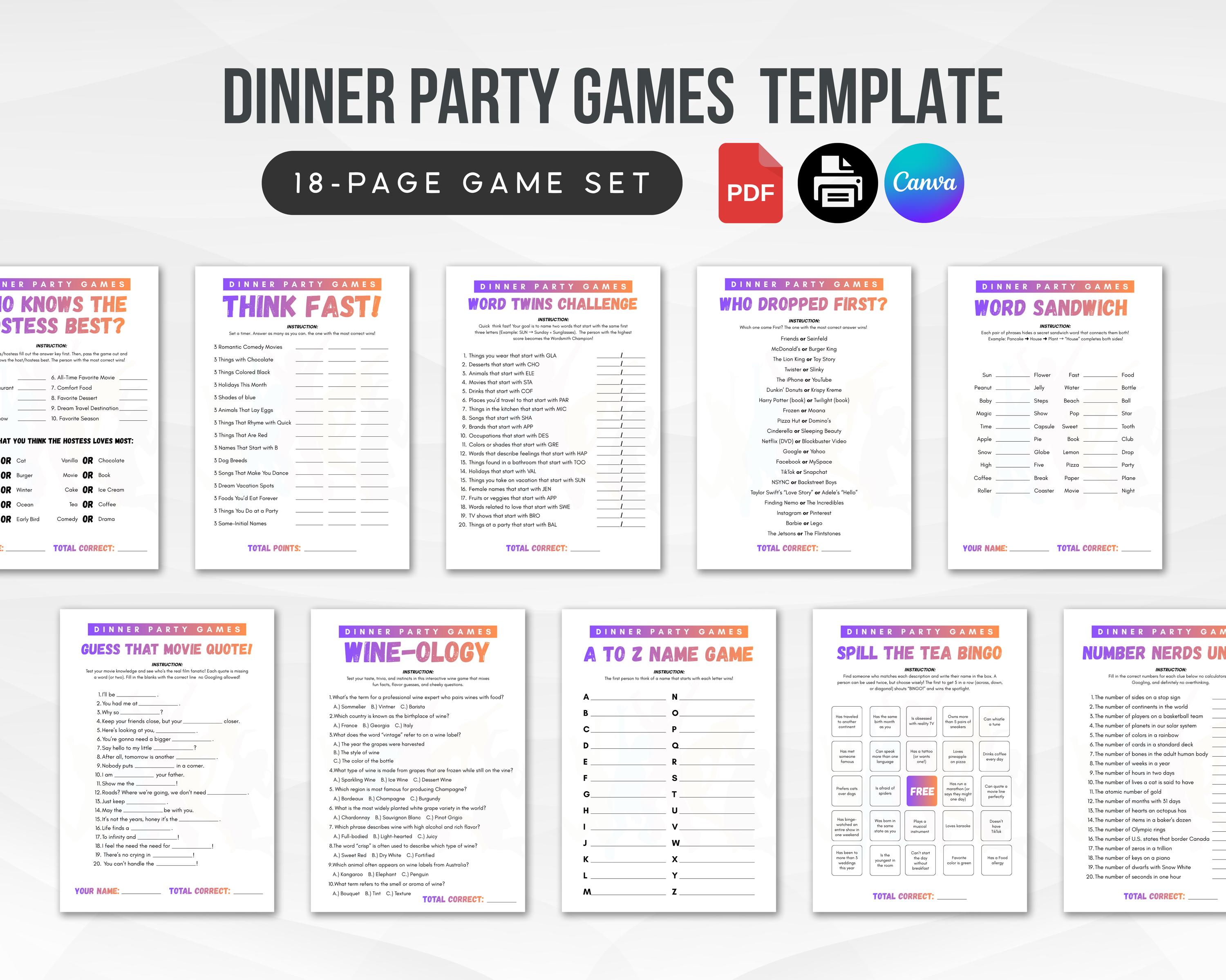 Dinner Party Game Bundle, Dinner Table Group Icebreaker Games, Dinner ...