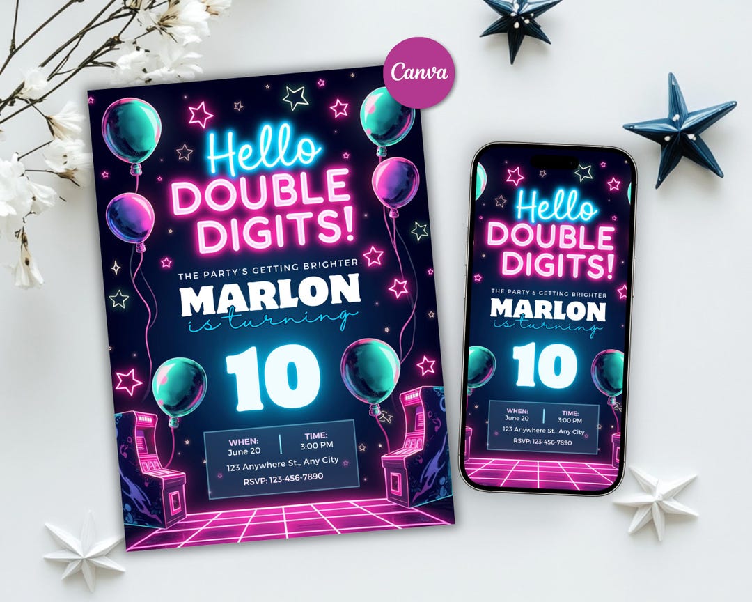 Hello Double Digits Birthday Invitation Template, 10th Birthday ...