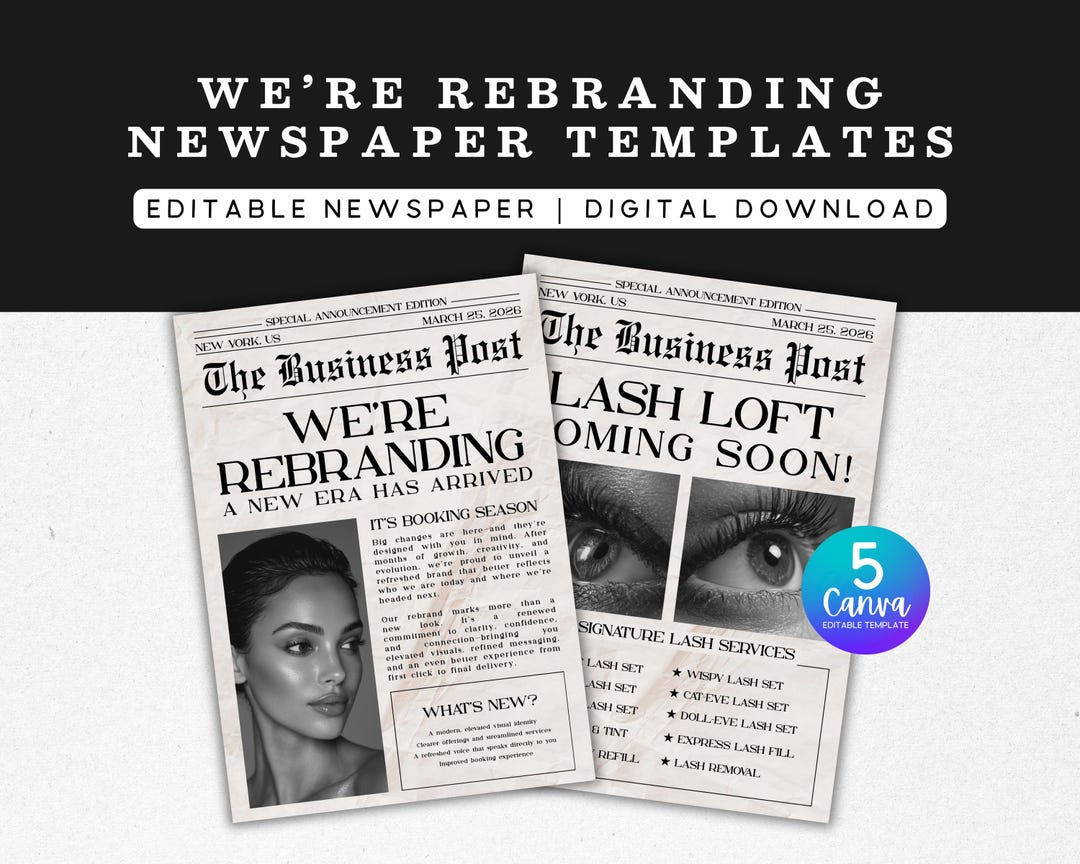 Business Newspaper Template, Editable Large Newspaper Lash Announcement, Esthetician Newspaper ...