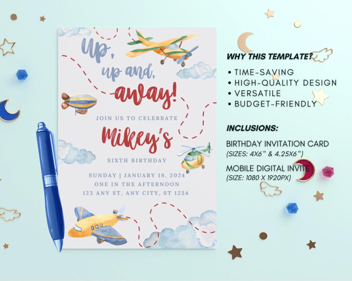 Airplane Birthday Invitation Template, Airplane Invitation, Pilot ...