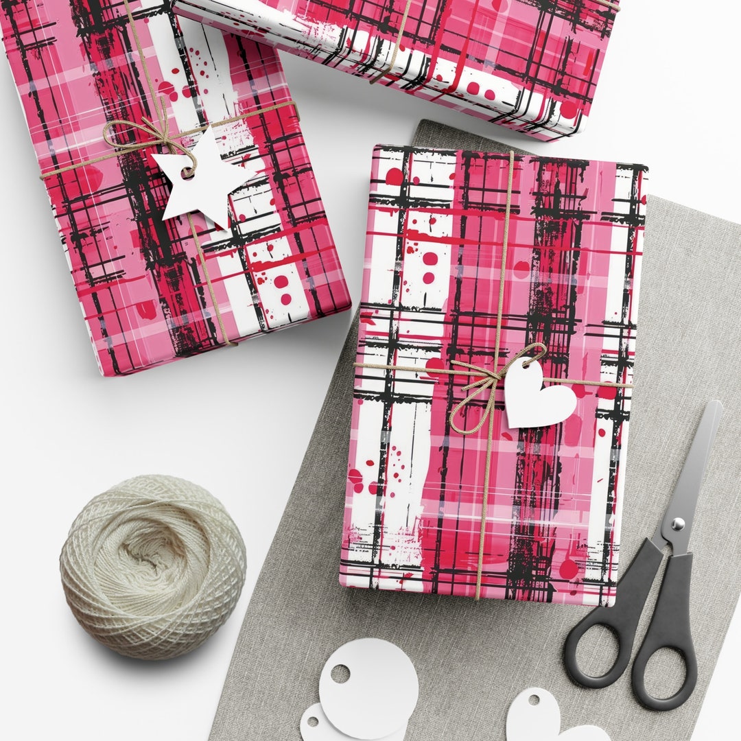 Pink Plaid Wrapping Paper, Hot Pink Gift Wrap, 90s Grunge Aesthetic ...