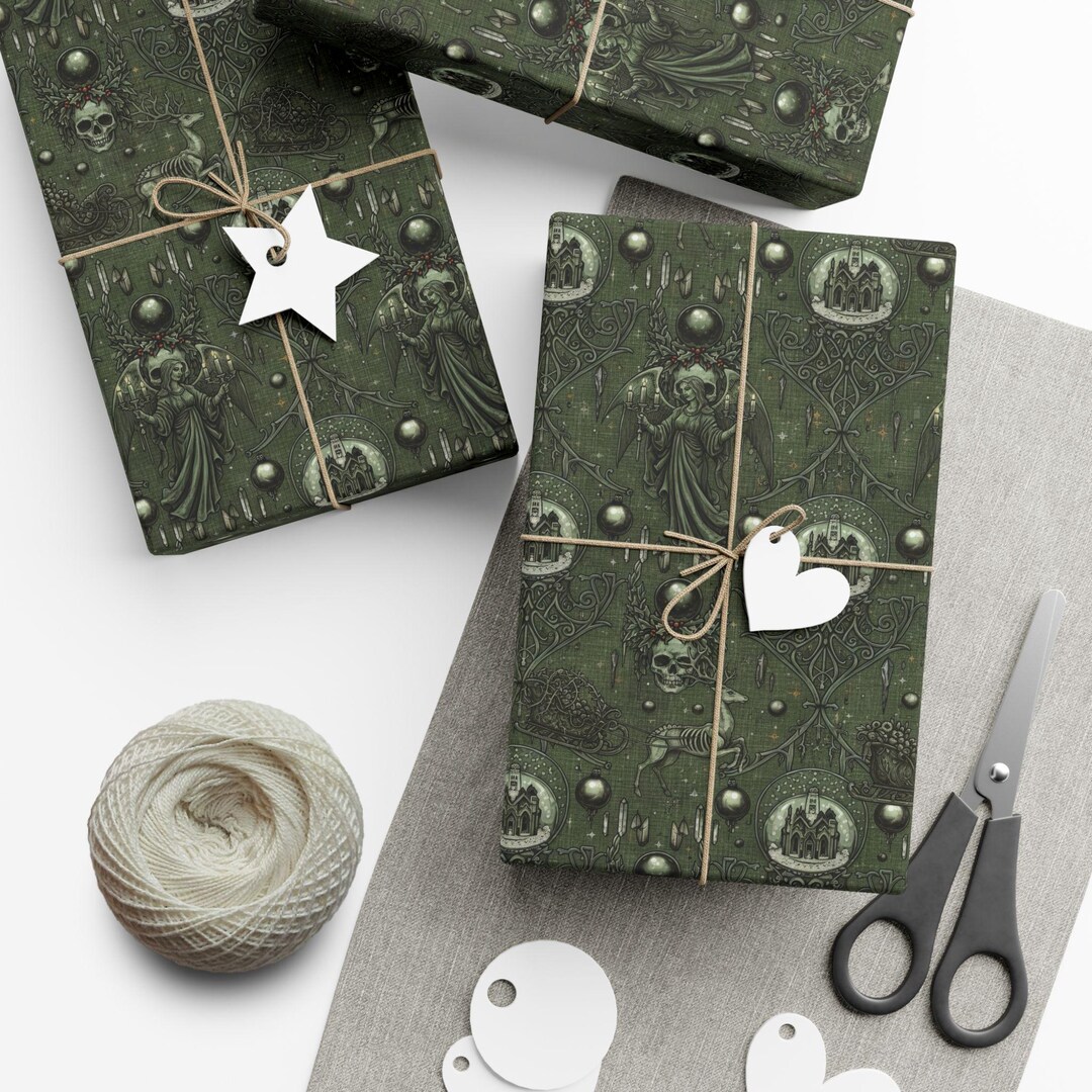 Goth Wrapping Paper Roll, Sage Green Giftwrap, Gothic Angel Print Paper ...