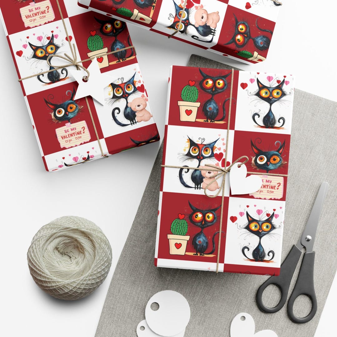 Quirky Cat Valentine Wrapping Paper Roll, Holiday Gift Wrap, Love Gift ...