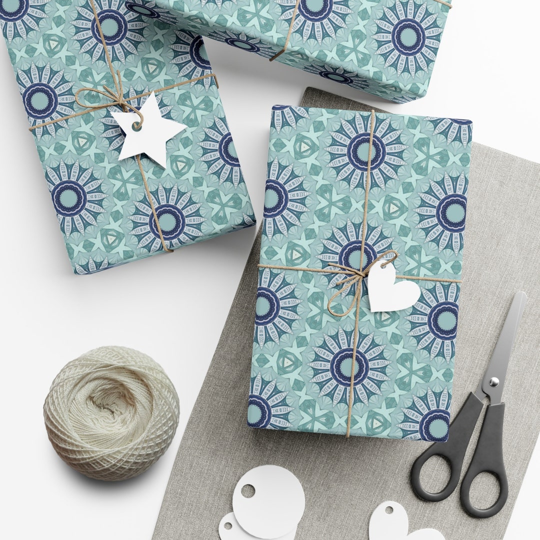 Blue and Green Wrapping Paper Rolls, Blue Floral Sun Geometric Pattern ...