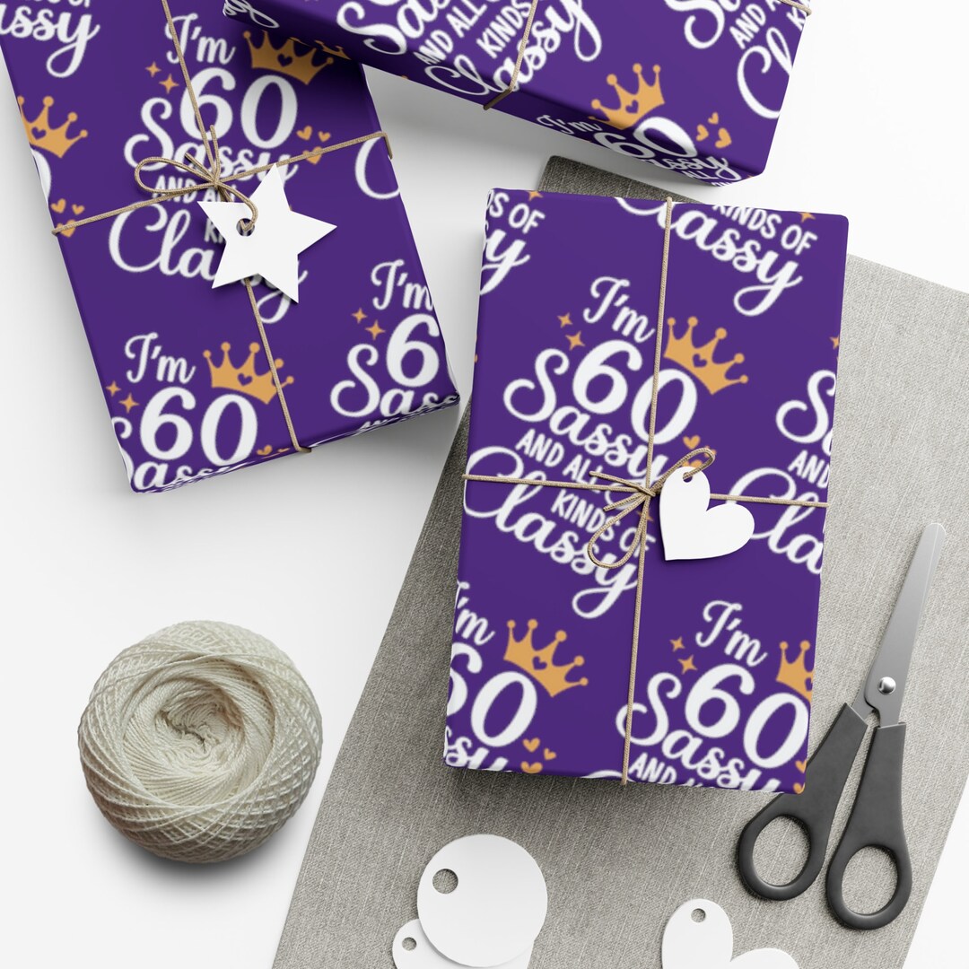 60th Birthday Gift Wrap, Turning 60 Wrapping Paper, Purple 60th ...