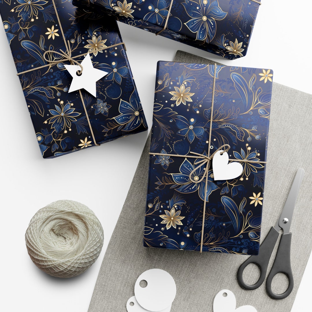 Navy Christmas Wrapping Paper, Luxury Christmas Navy and Gold Florals ...
