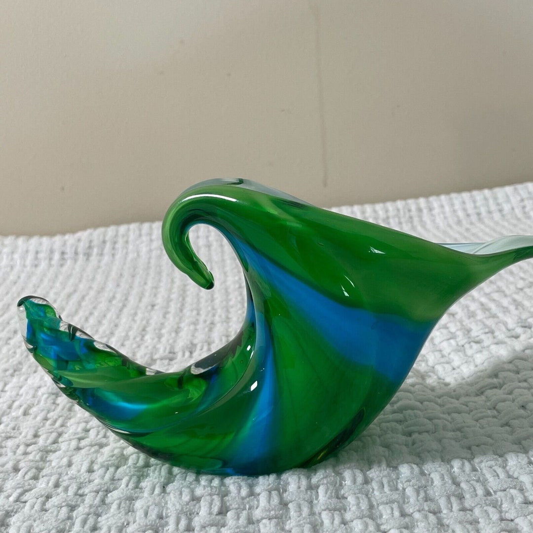 Murano Art Styled Glass Horn of Plenty Cornucopia Green Blue Vase - Etsy
