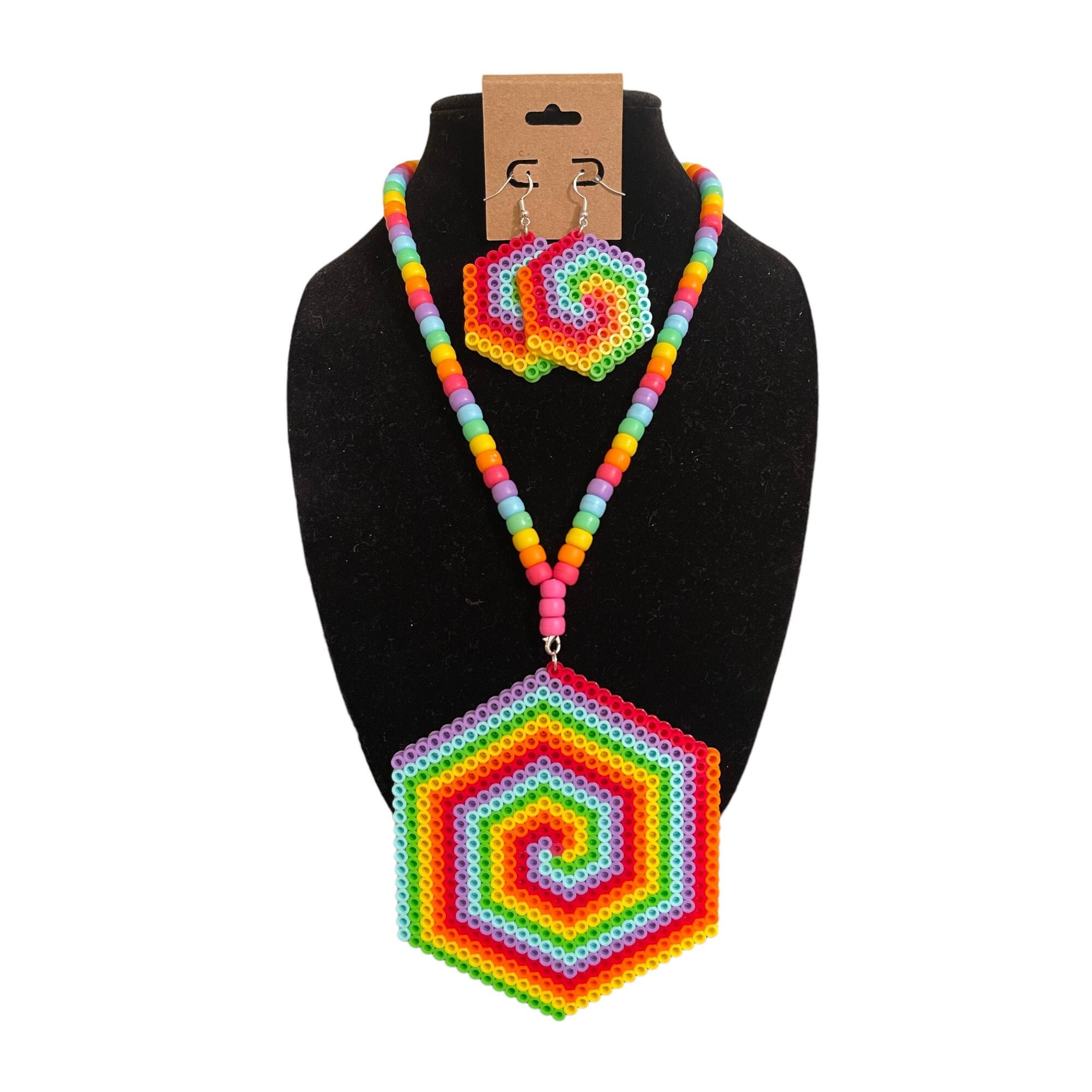Rainbow Maze Perler Bead Kandi Necklace and Earring Set for Festival ...