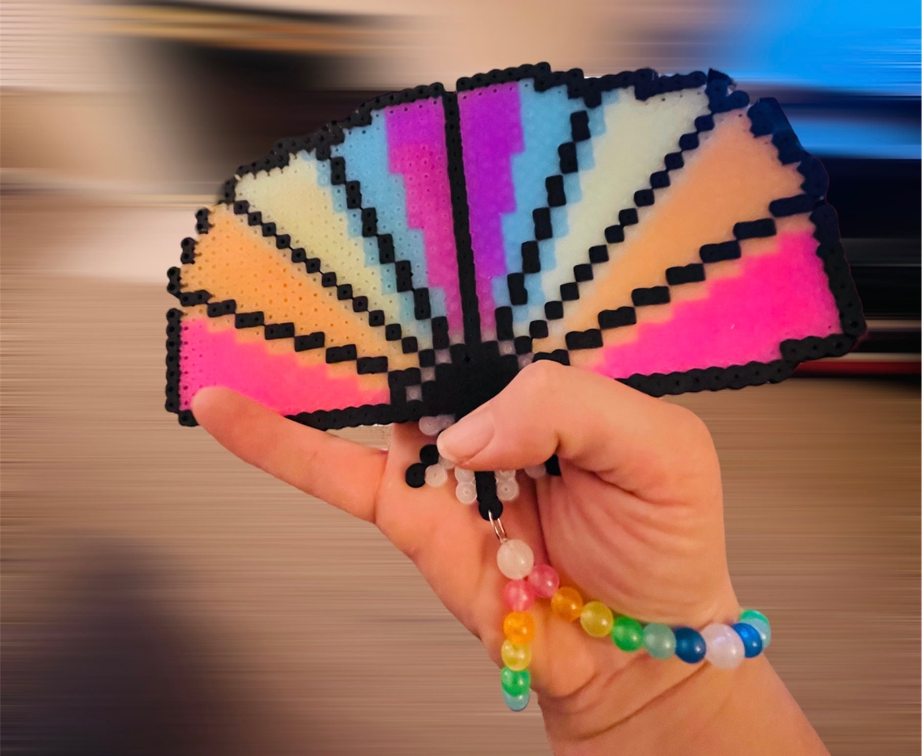 Rainbow Glow in the Dark Perler Kandi Hand Fan Bracelet Wristlet ...
