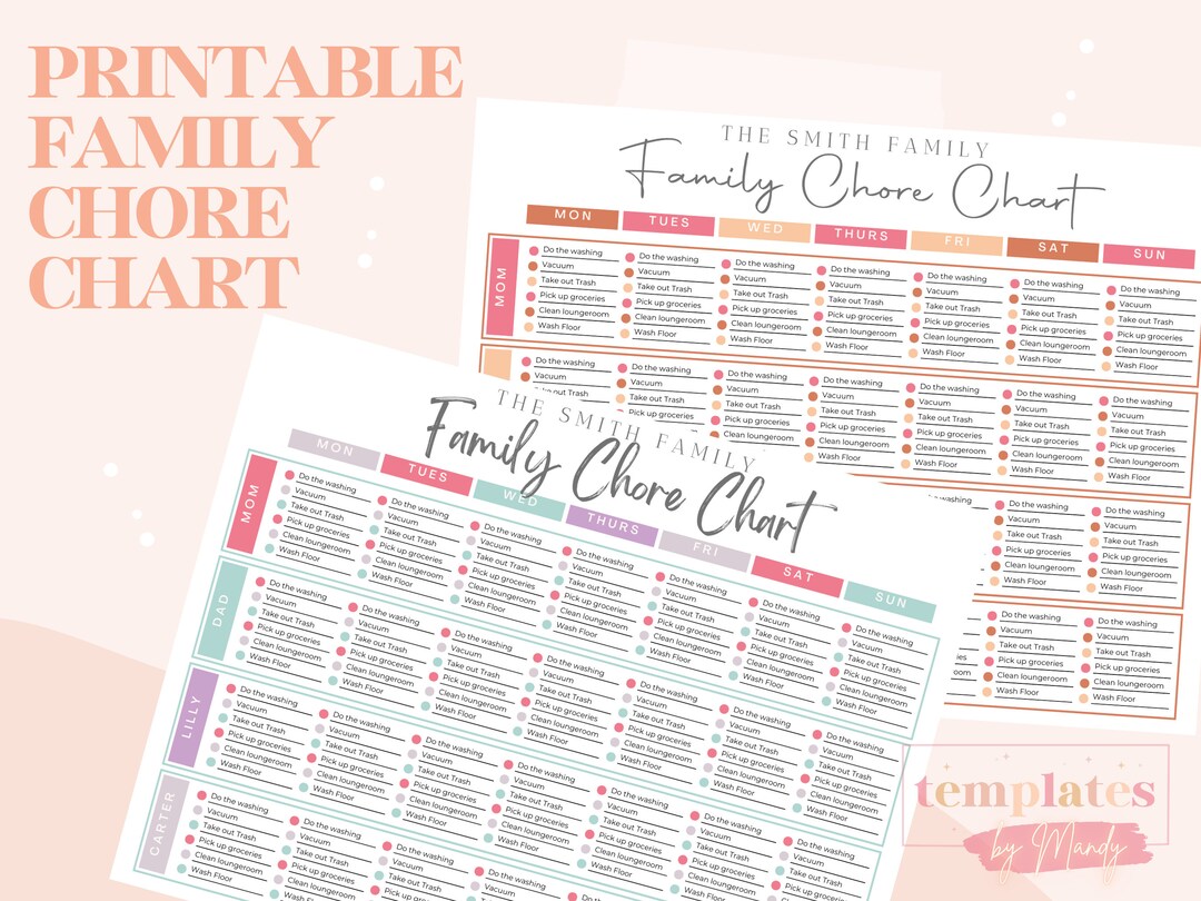 Customizable Chore Chart - Family Chore Chart - Printable Family Chore ...