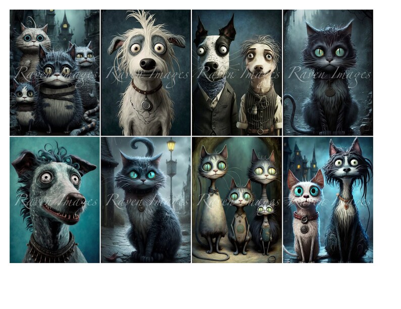 Tim Burton Style Cats and Dogs ATC Cards | Printable Ephemera (digital ...