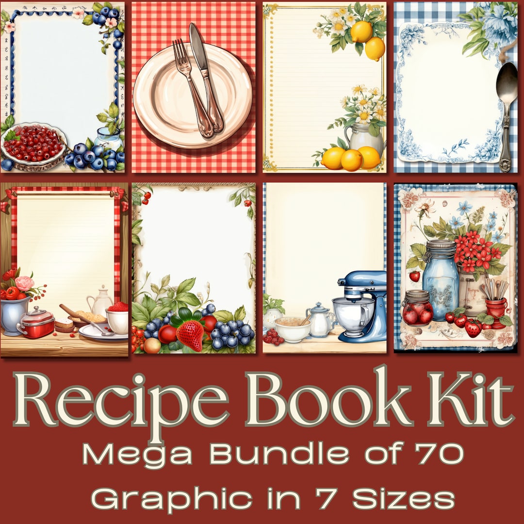 RECIPE BOOK COOKBOOK Themed Set of 70 Journaling Papers, Recipe Cards ...