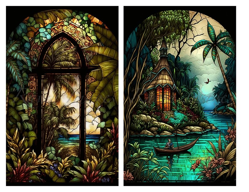Stained Glass Island Scenes | Printable Journaling Cards (digital ...
