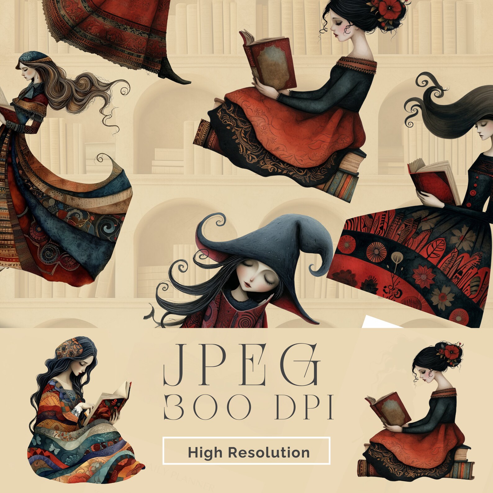 READING Boho DOLLS PNG Clipart Add-on to Library Scenes Background Set ...