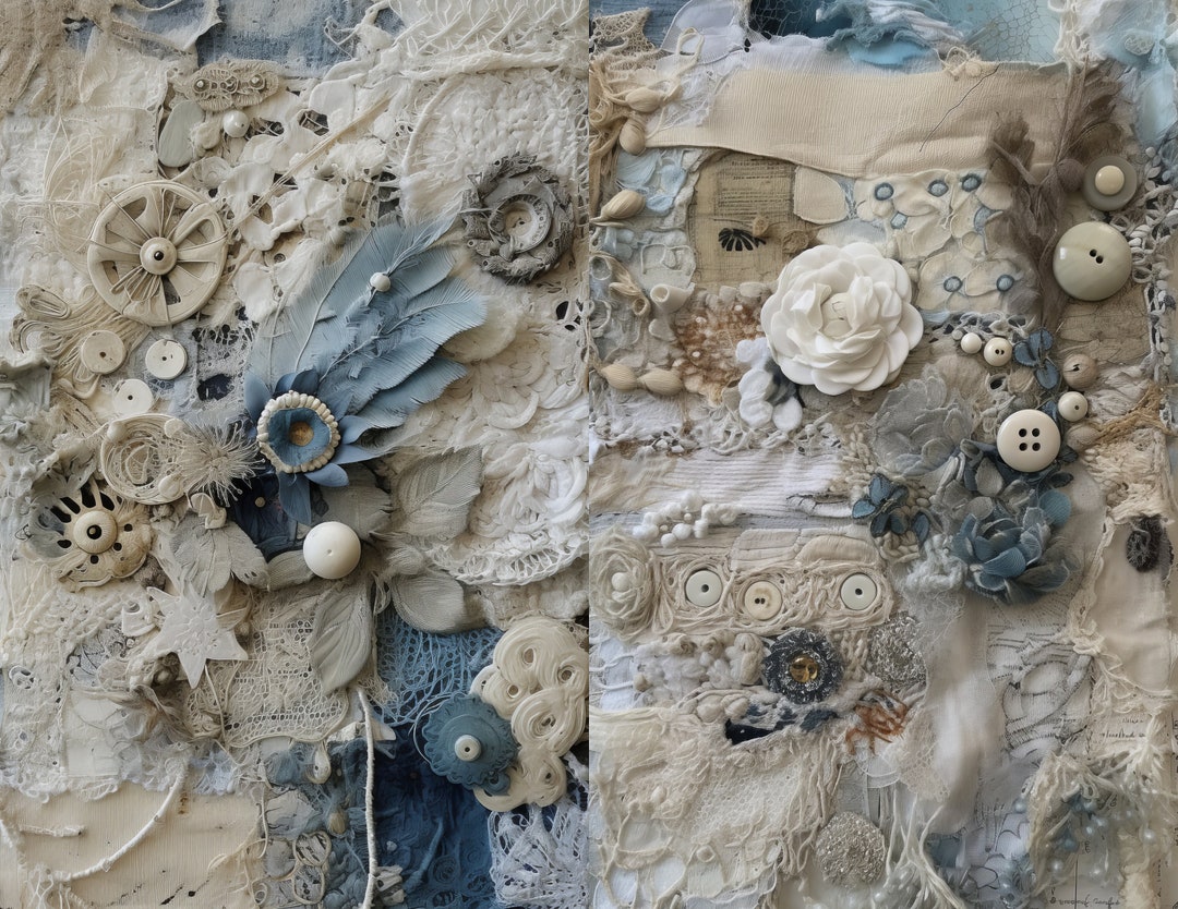 Boho Blue Textile Ephemera | Junk Journal, ATC Cards (digital Download ...