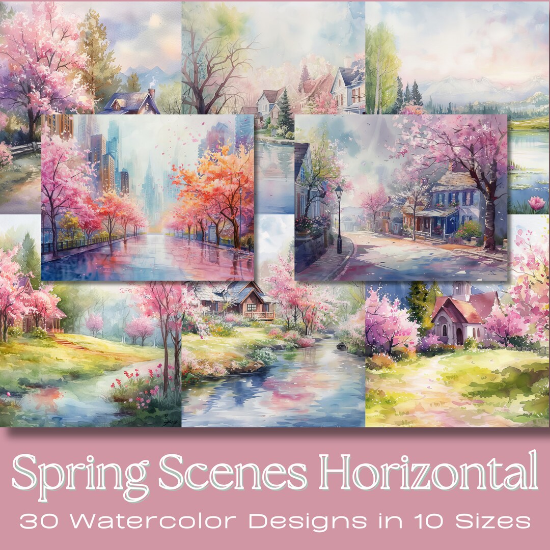Watercolor Spring Scenes | Printable Journal Cards, Washi Tape (digital ...