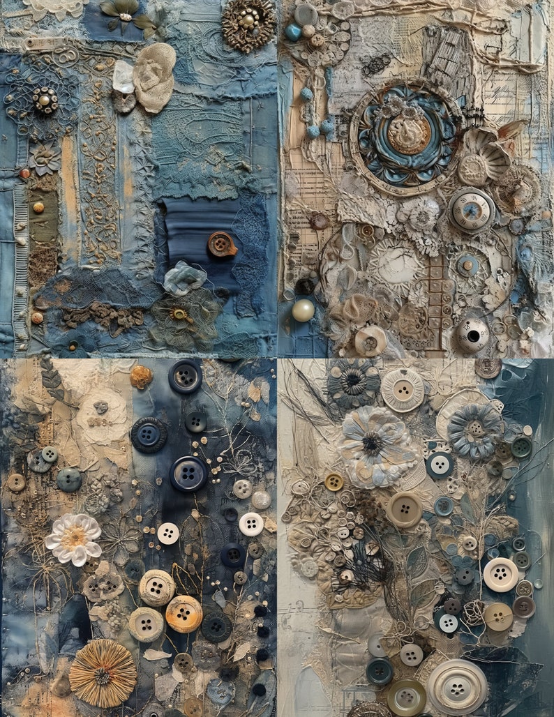 Boho Blue Textile Ephemera | Junk Journal, ATC Cards (digital Download ...