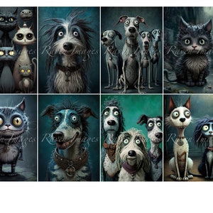 TIM BURTON Style Cats and Dogs | Journaling Papers, ATC Cards, Digital ...