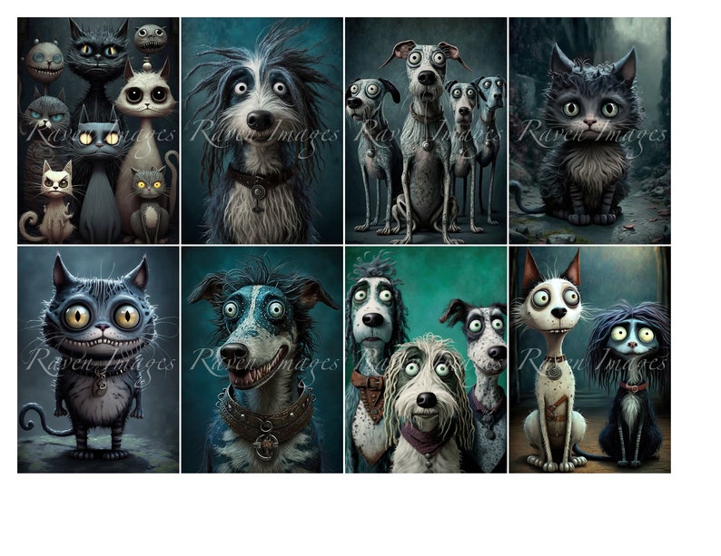 Tim Burton Style Cats and Dogs ATC Cards | Printable Ephemera (digital ...