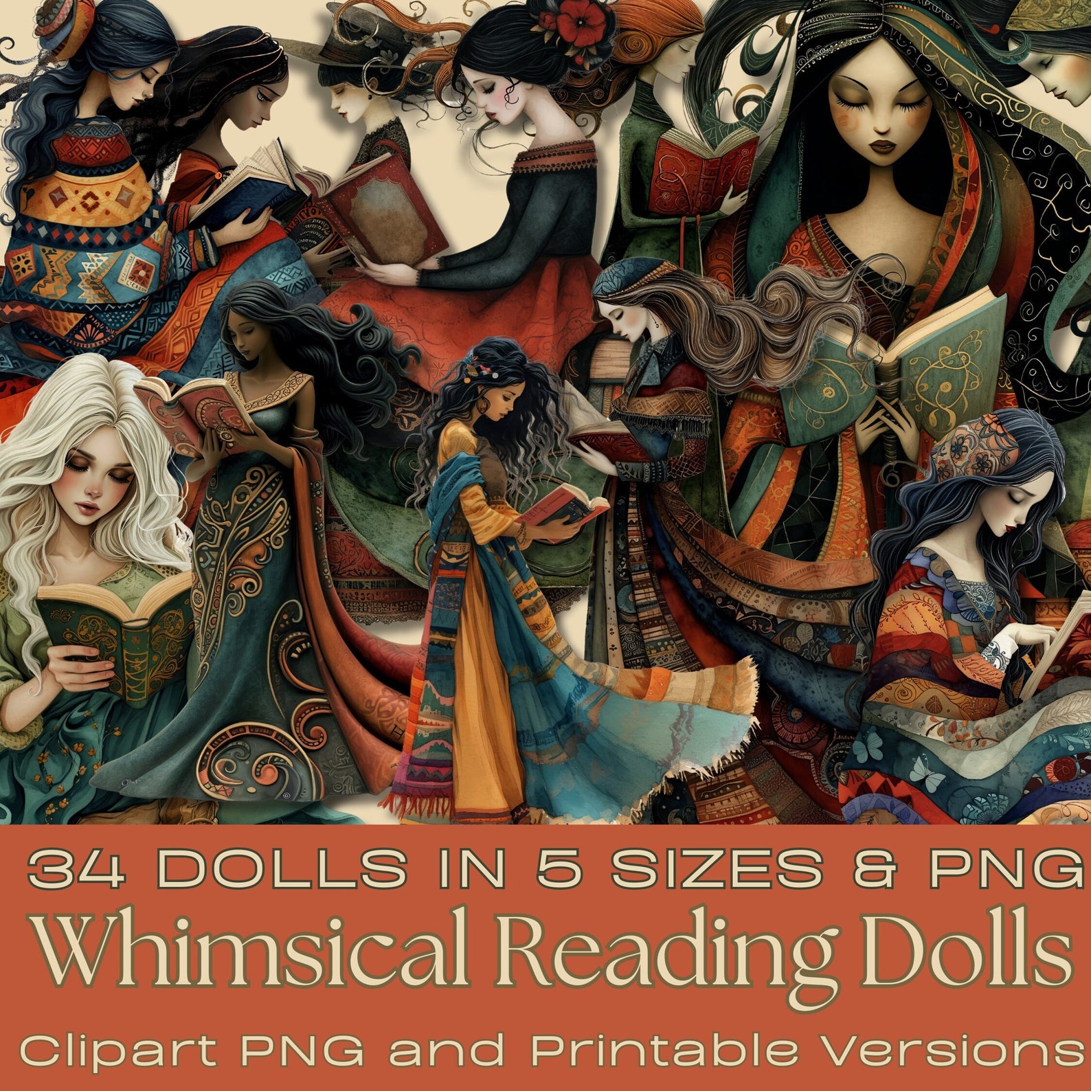 Boho Reading Dolls Clipart | Diverse Ladies, Library Theme (PNG) - Etsy