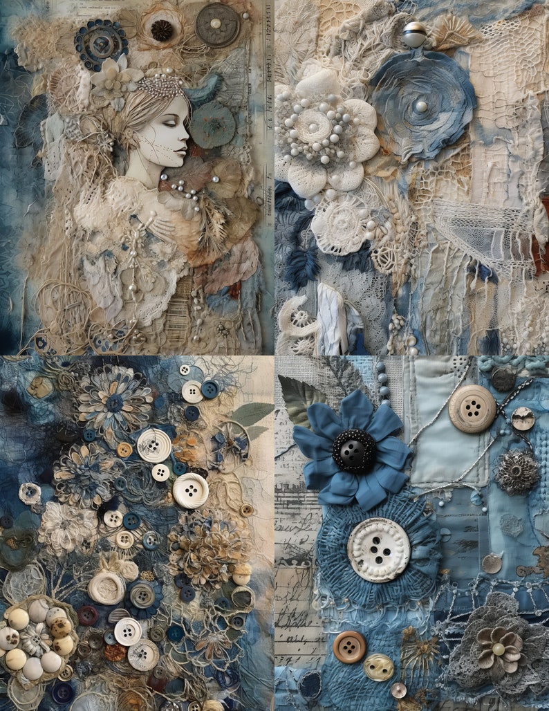 Boho Blue Textile Ephemera | Junk Journal, ATC Cards (digital Download ...