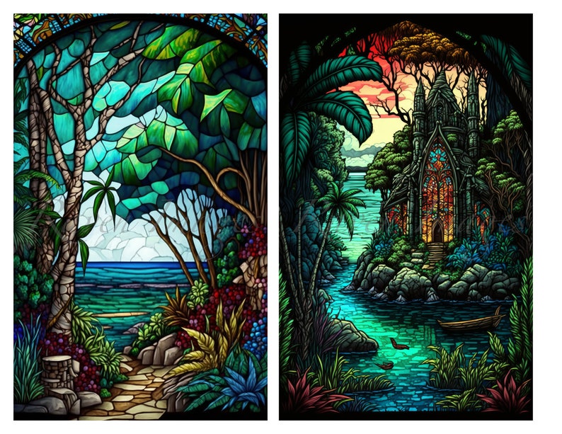 Stained Glass Island Scenes | Printable Journaling Cards (digital ...