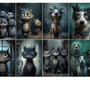 Tim Burton Style Cats and Dogs ATC Cards | Printable Ephemera (digital ...