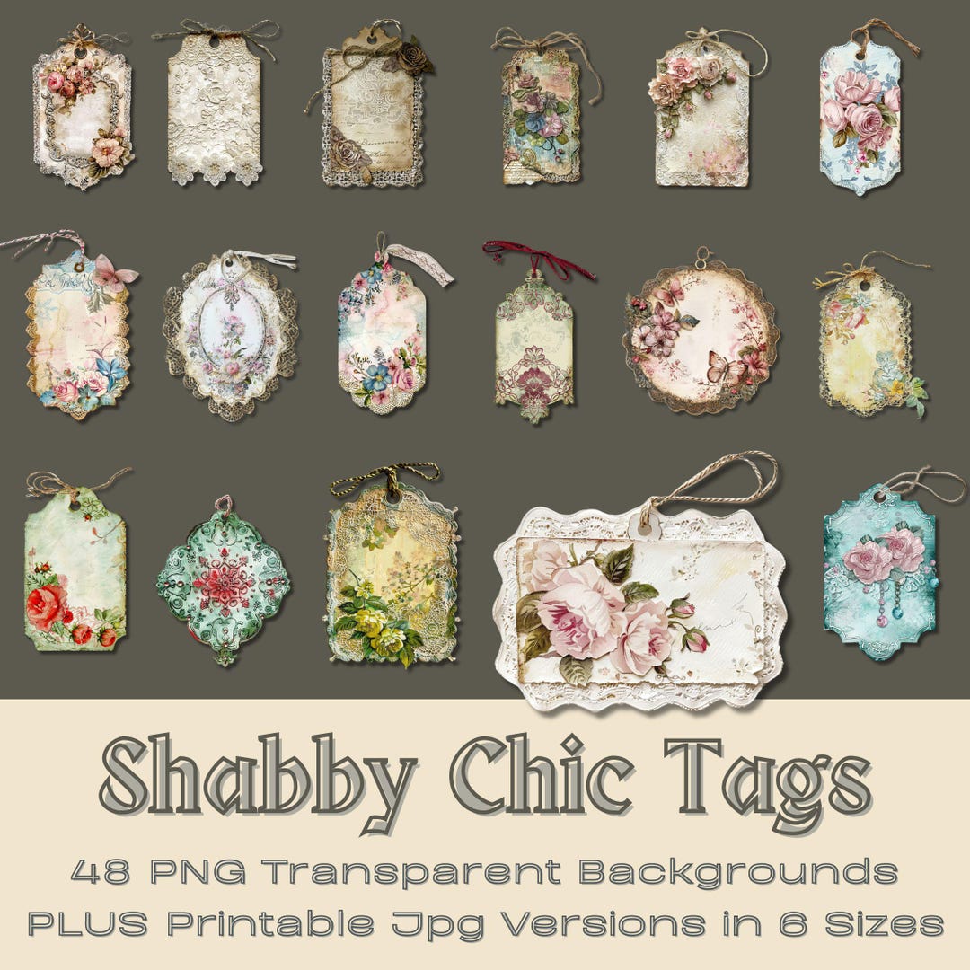 Shabby Chic Tags | 48 Fussycut Junk Journal Elements and Pngs ...
