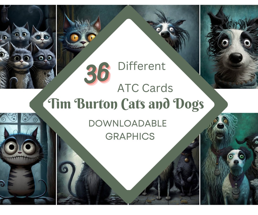 Tim Burton Style Cats and Dogs ATC Cards | Printable Ephemera (digital ...