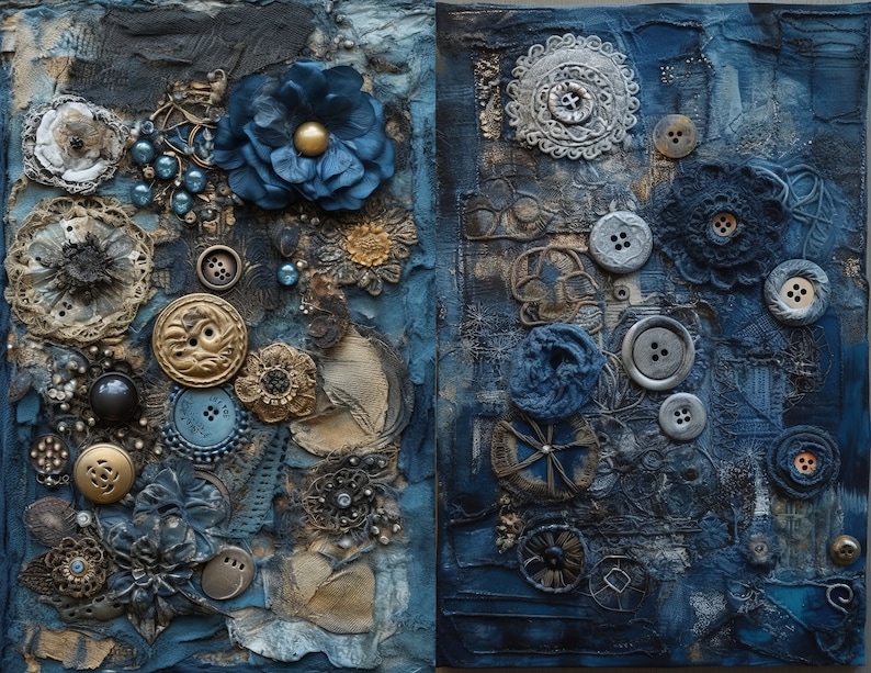 Boho Blue Textile Ephemera | Junk Journal, ATC Cards (digital Download ...