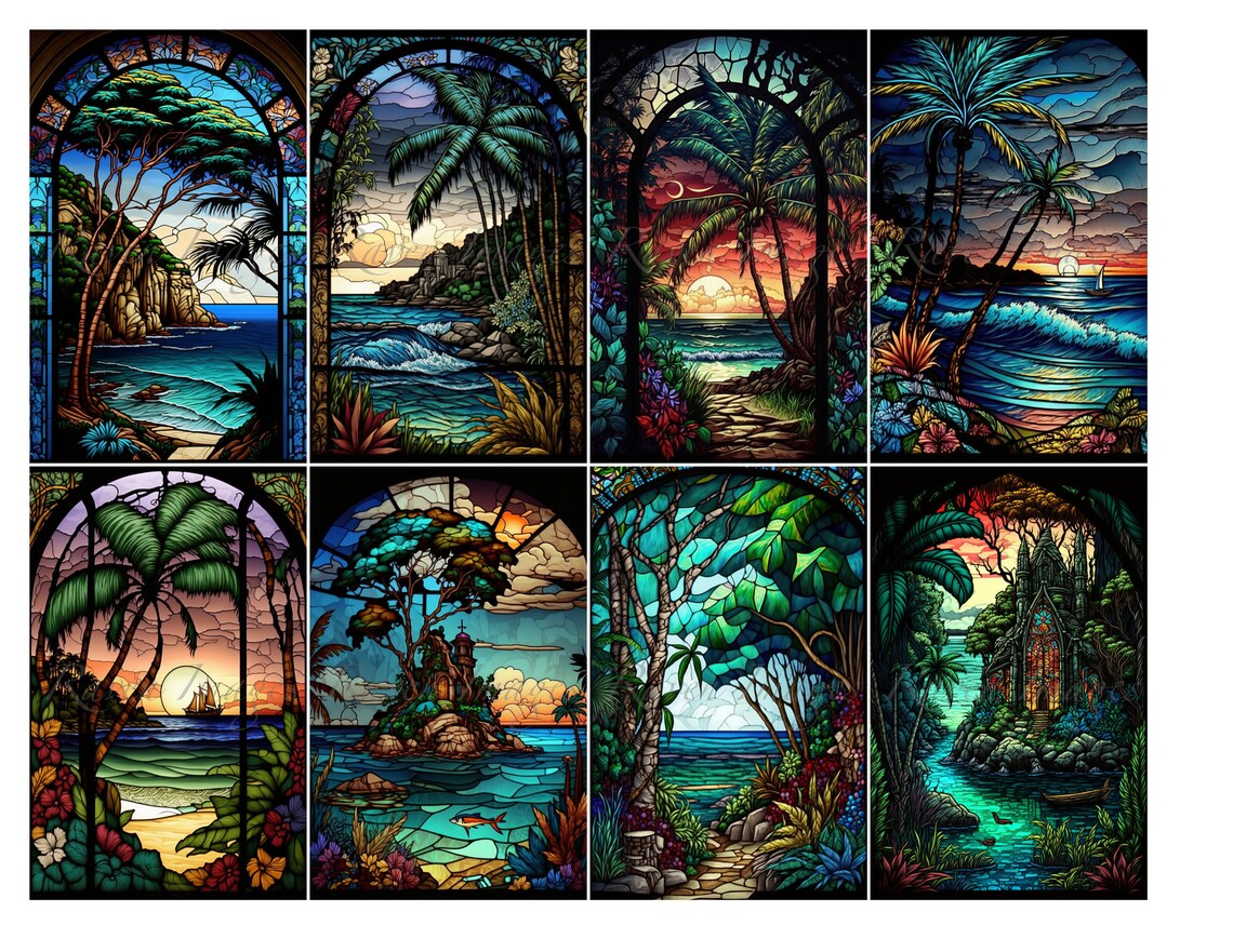 Stained Glass Island Scenes | Printable Journaling Cards (digital ...