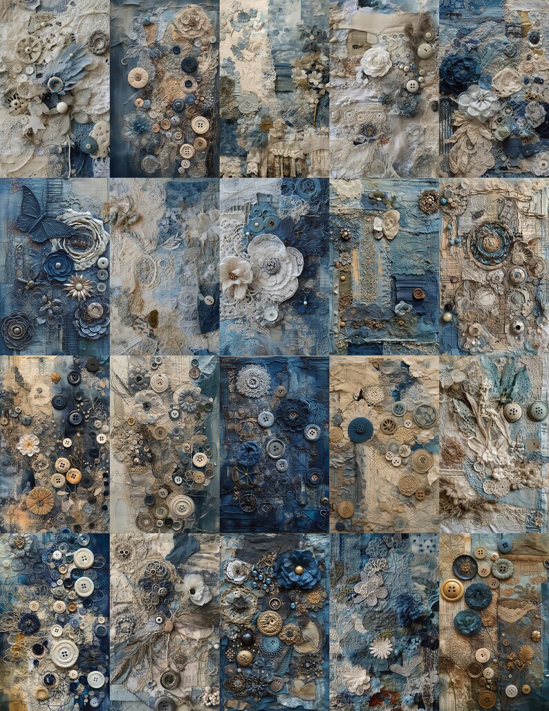 Boho Blue Textile Ephemera | Junk Journal, ATC Cards (digital Download ...