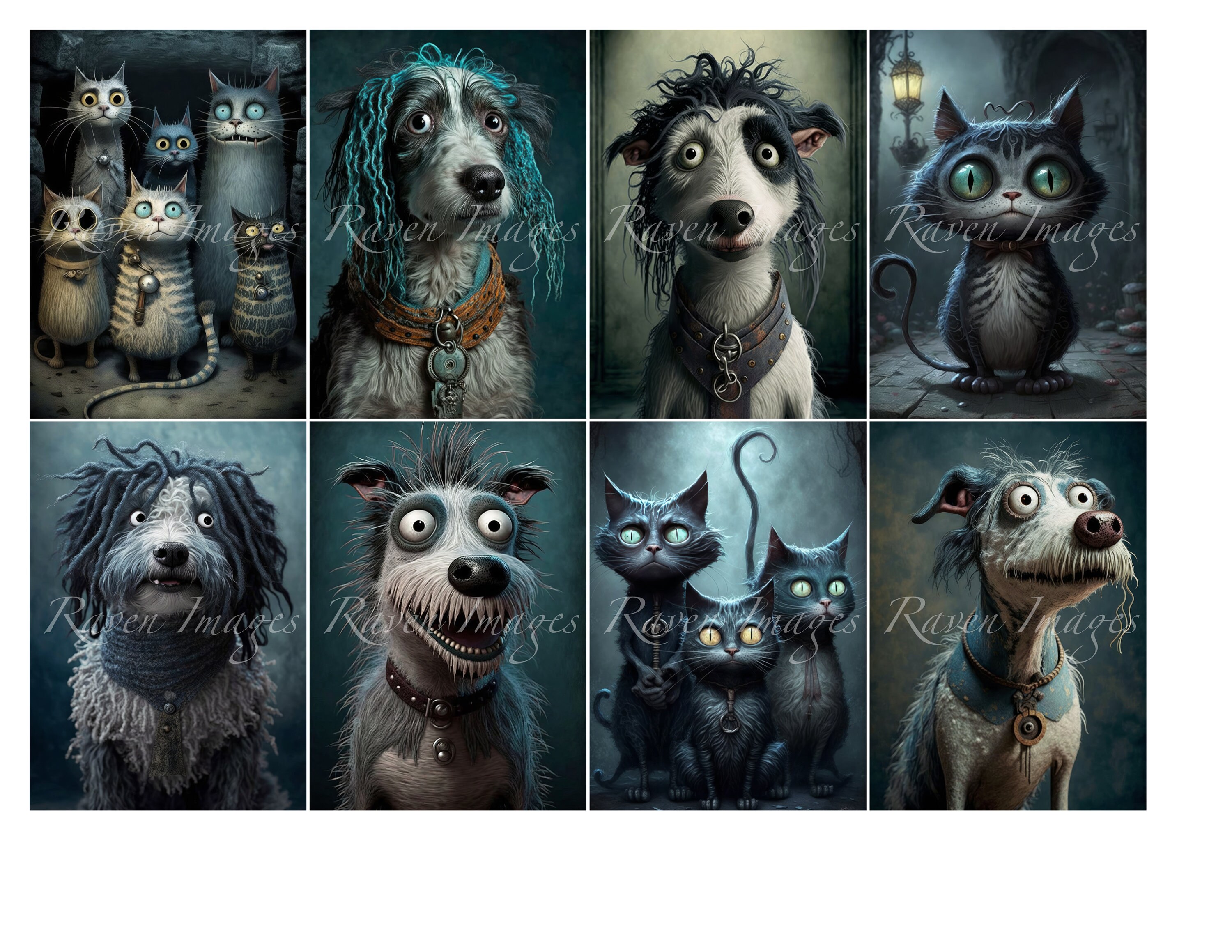 Tim Burton Style Cats and Dogs ATC Cards | Printable Ephemera (digital ...