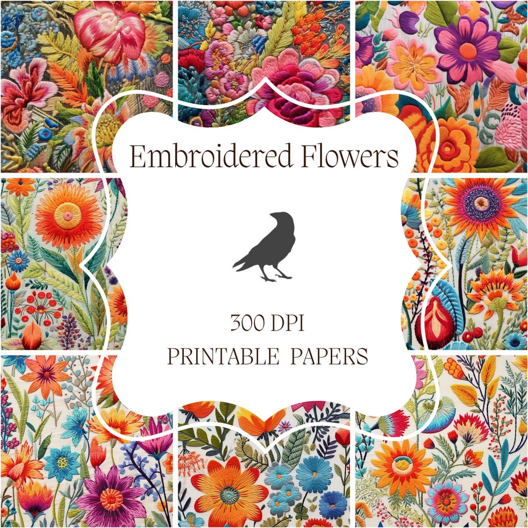 EMBROIDERED FLOWERS | ATC Instant Download, Digital Paper, Printable ...