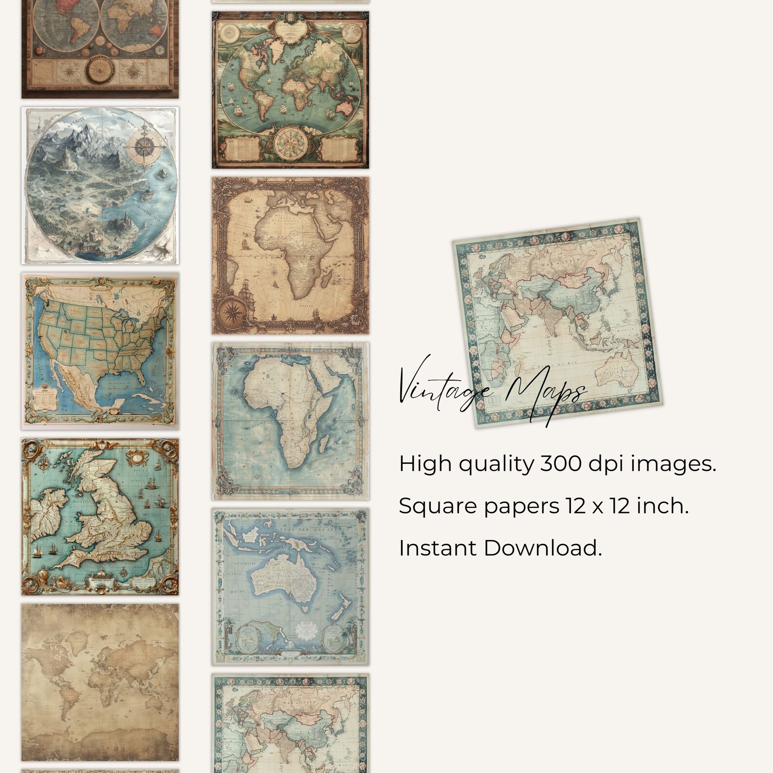 Vintage Map Square Images | Printable Ephemera, Card Making (digital ...