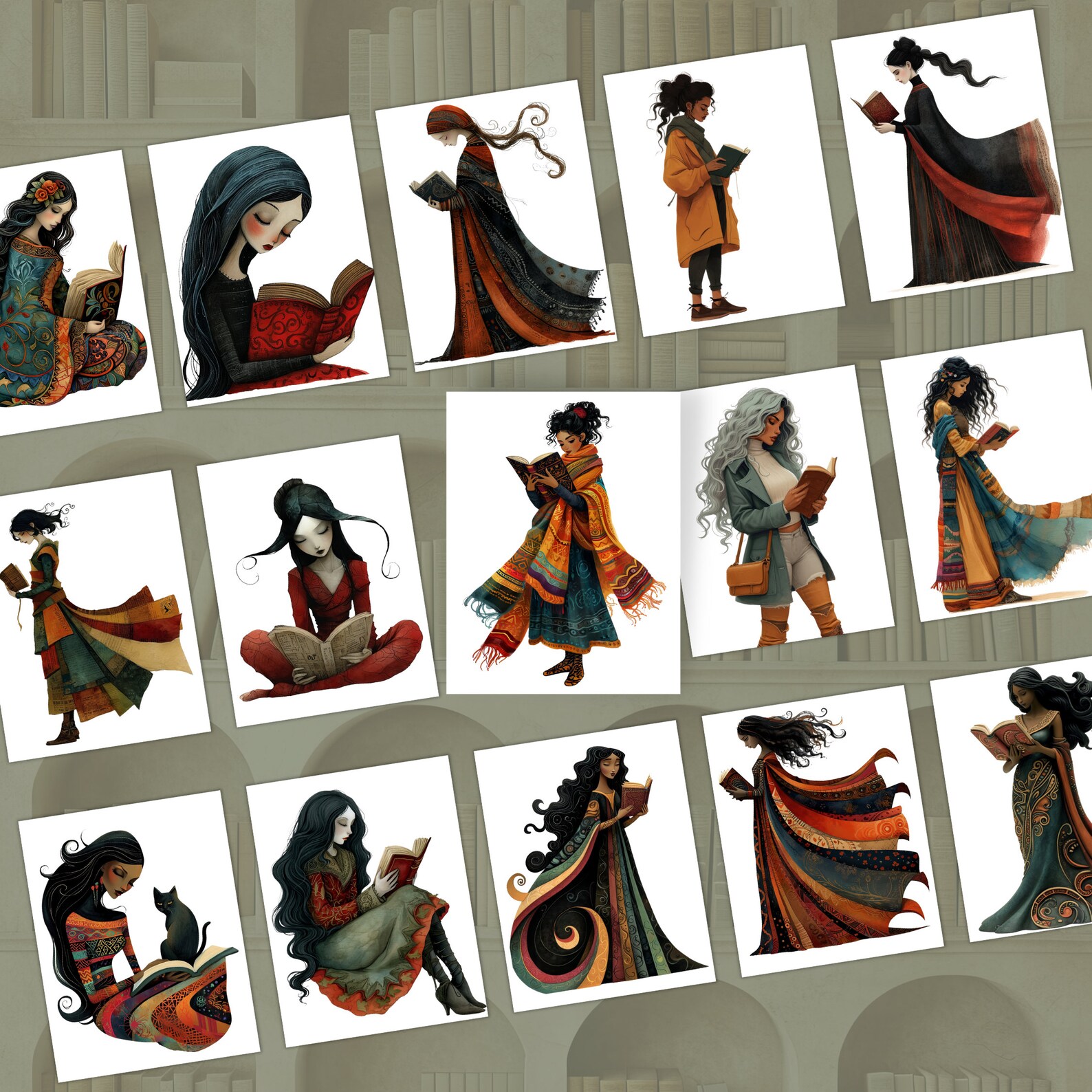 READING Boho DOLLS PNG Clipart Add-on to Library Scenes Background Set ...