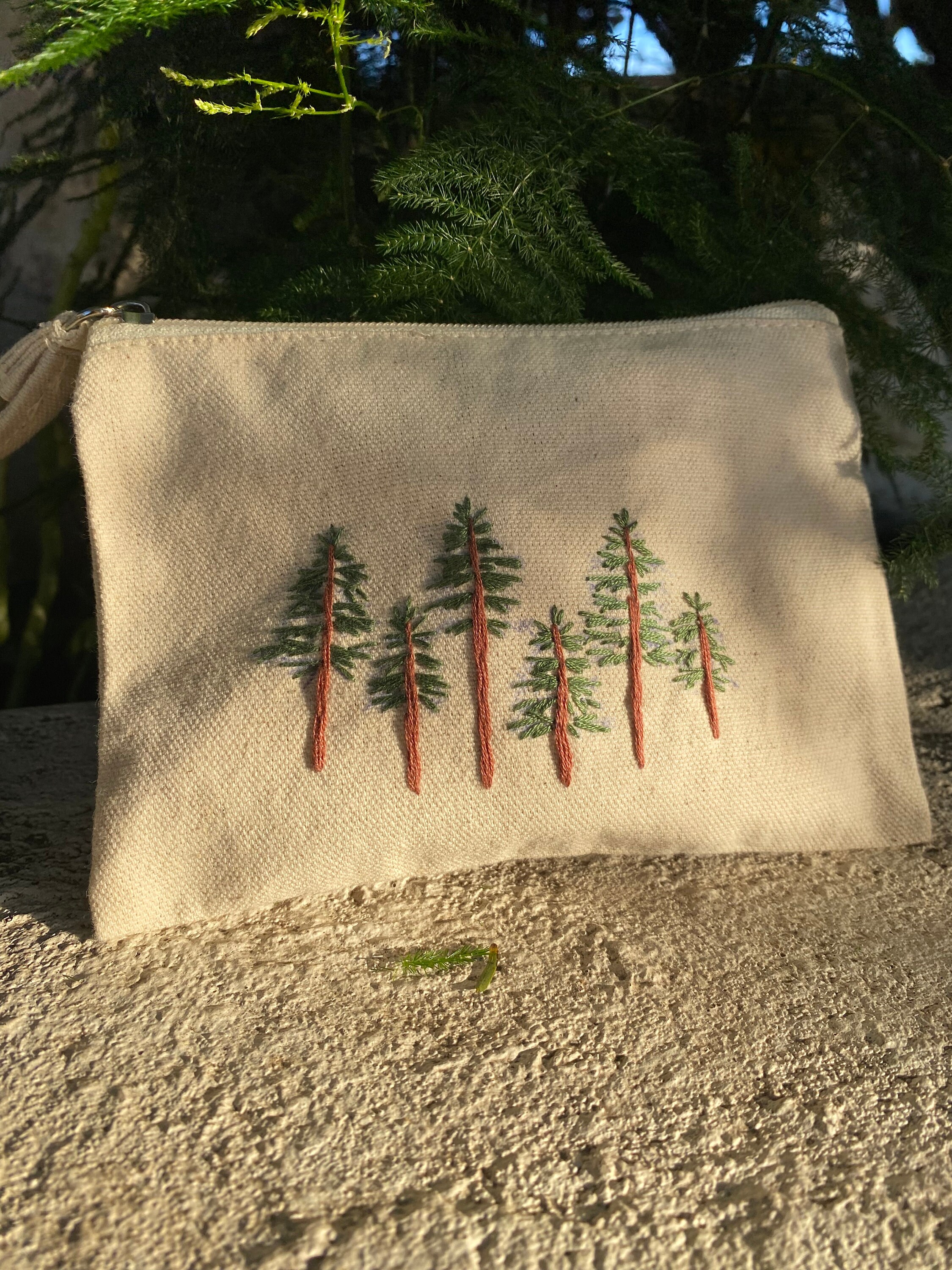 Hand Embroidered Pine Tree Pouch - Etsy
