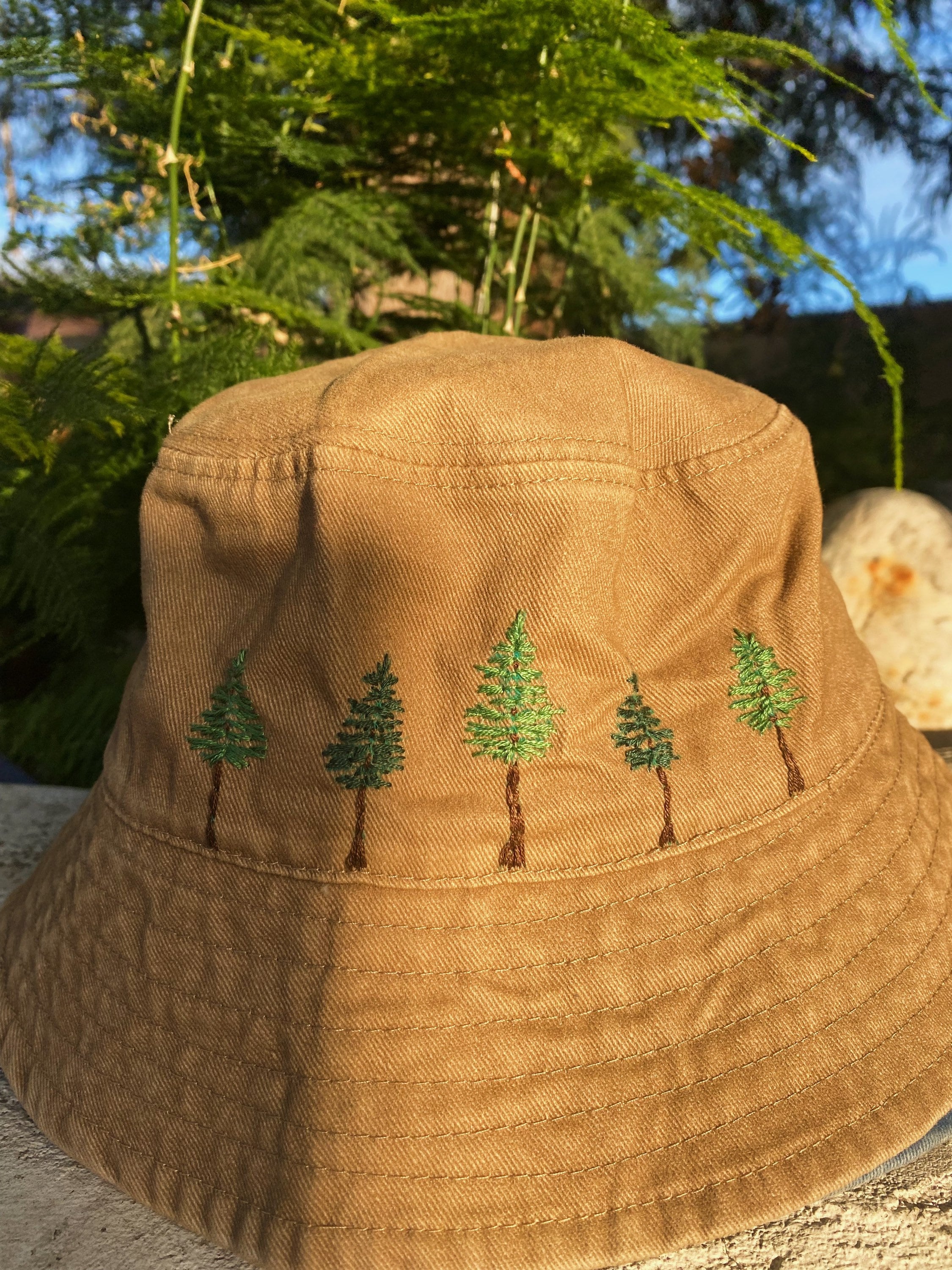 Hand Embroidered Pine Tree Spring-summer Bucket Hat, Custom Embroidered ...