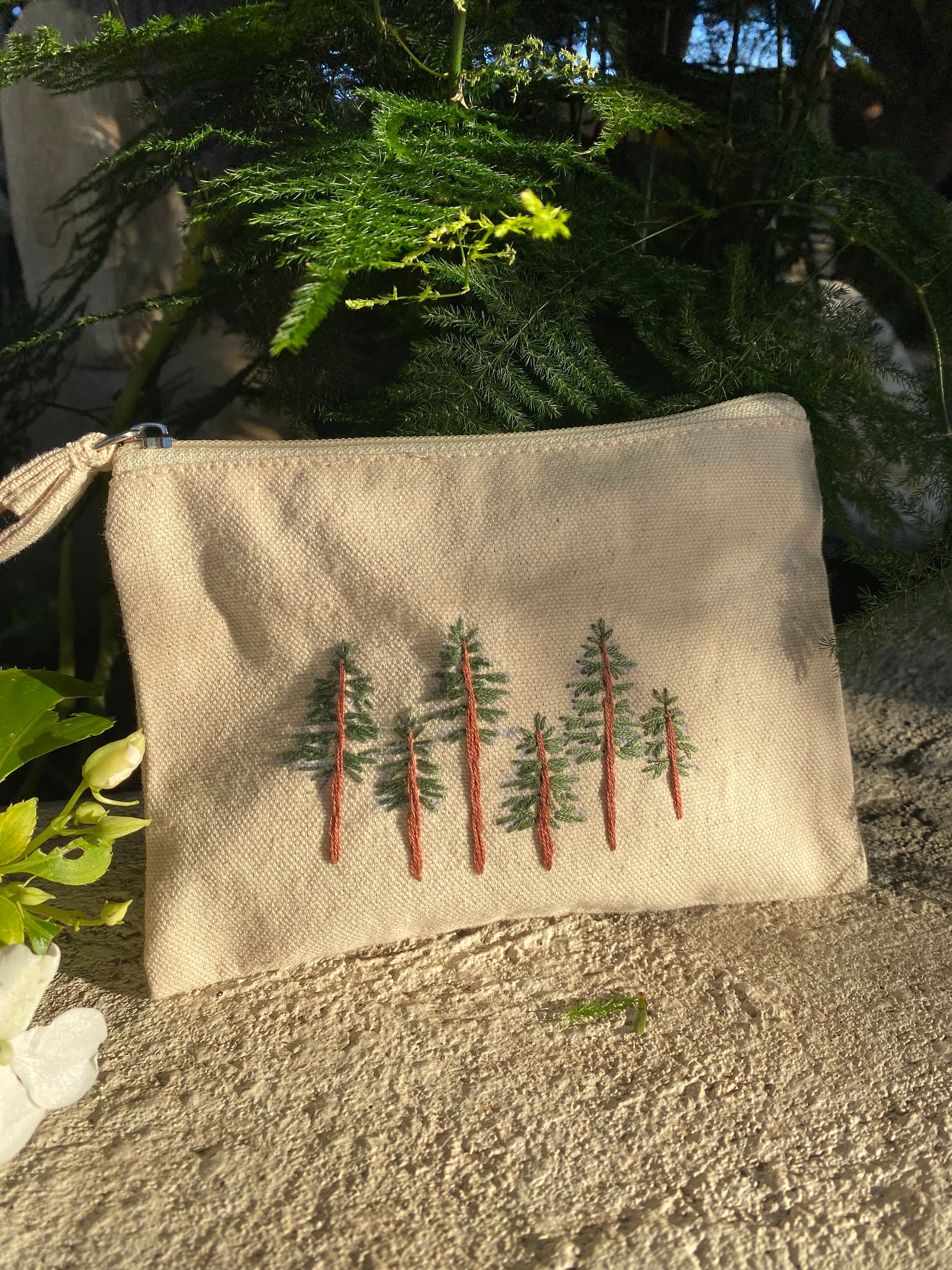 Hand Embroidered Pine Tree Pouch - Etsy