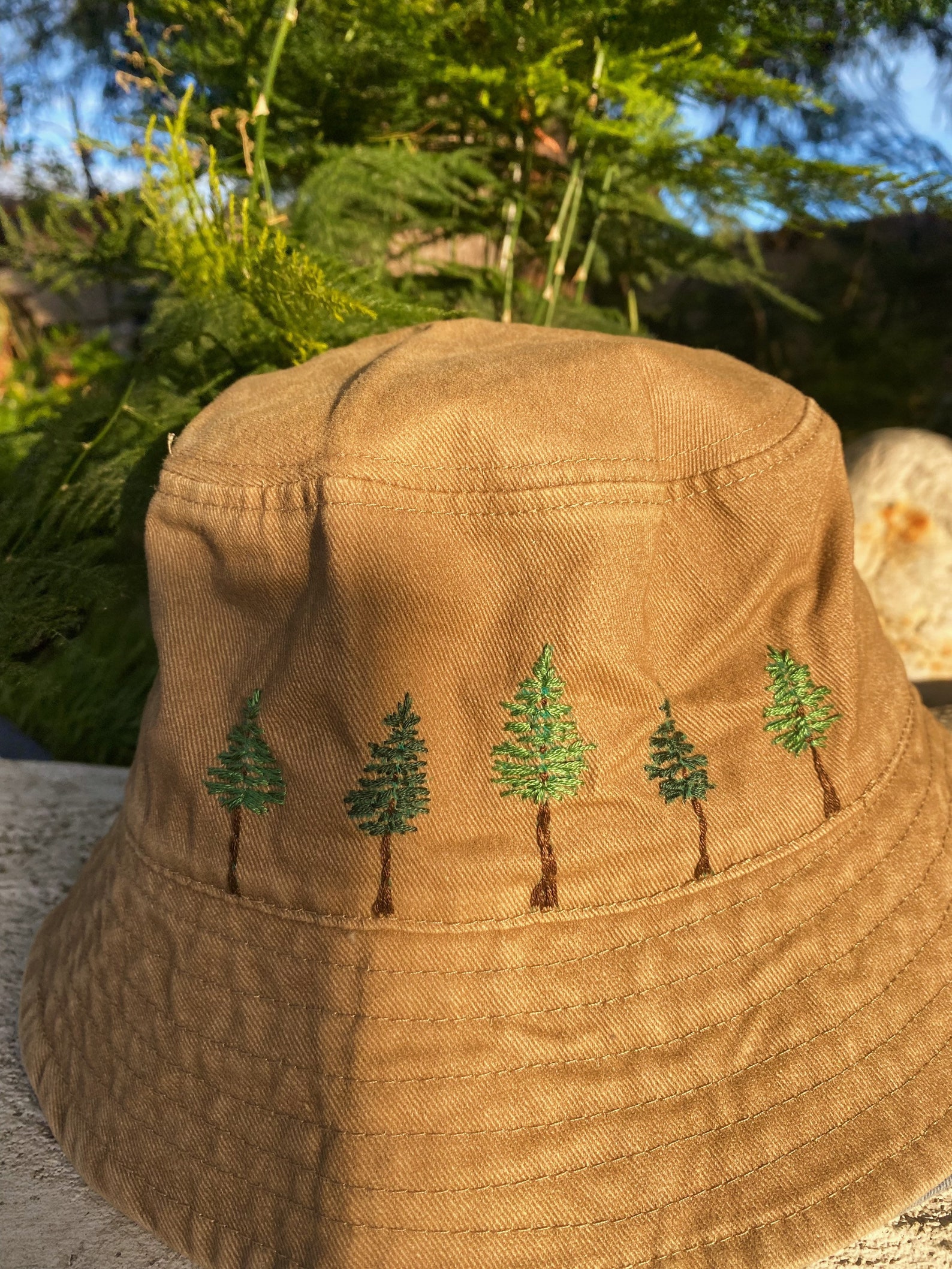 Hand Embroidered Pine Tree Spring-summer Bucket Hat, Custom Embroidered ...
