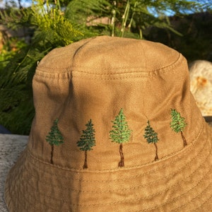 Hand Embroidered Pine Tree Spring-summer Bucket Hat, Custom Embroidered ...