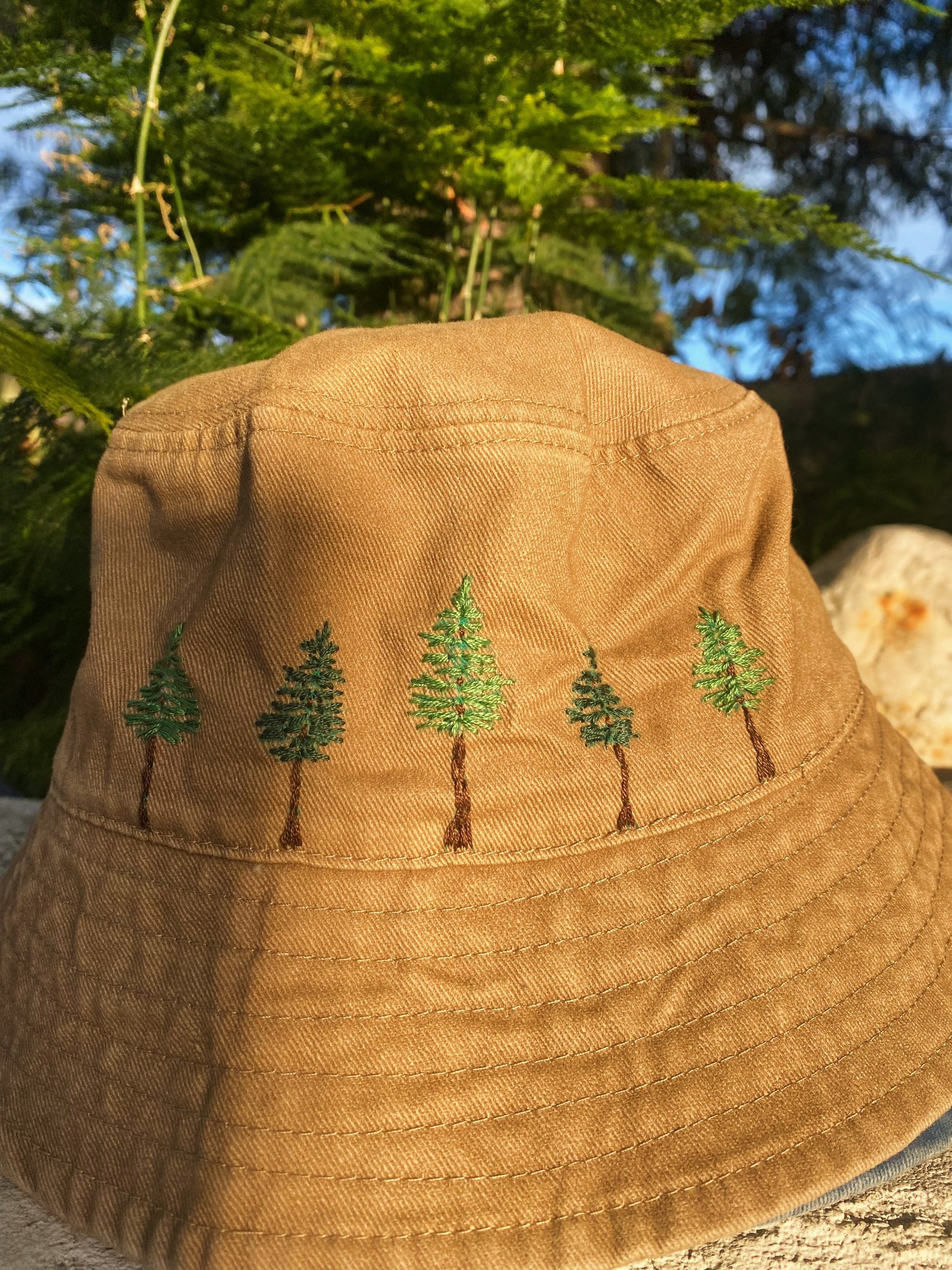 Hand Embroidered Pine Tree Spring-summer Bucket Hat, Custom Embroidered ...