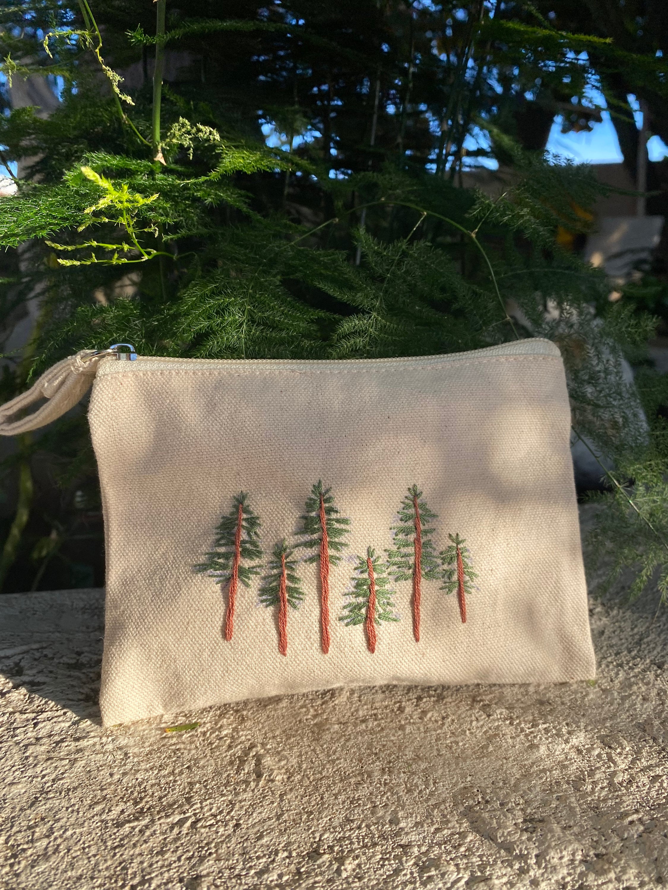 Hand Embroidered Pine Tree Pouch - Etsy