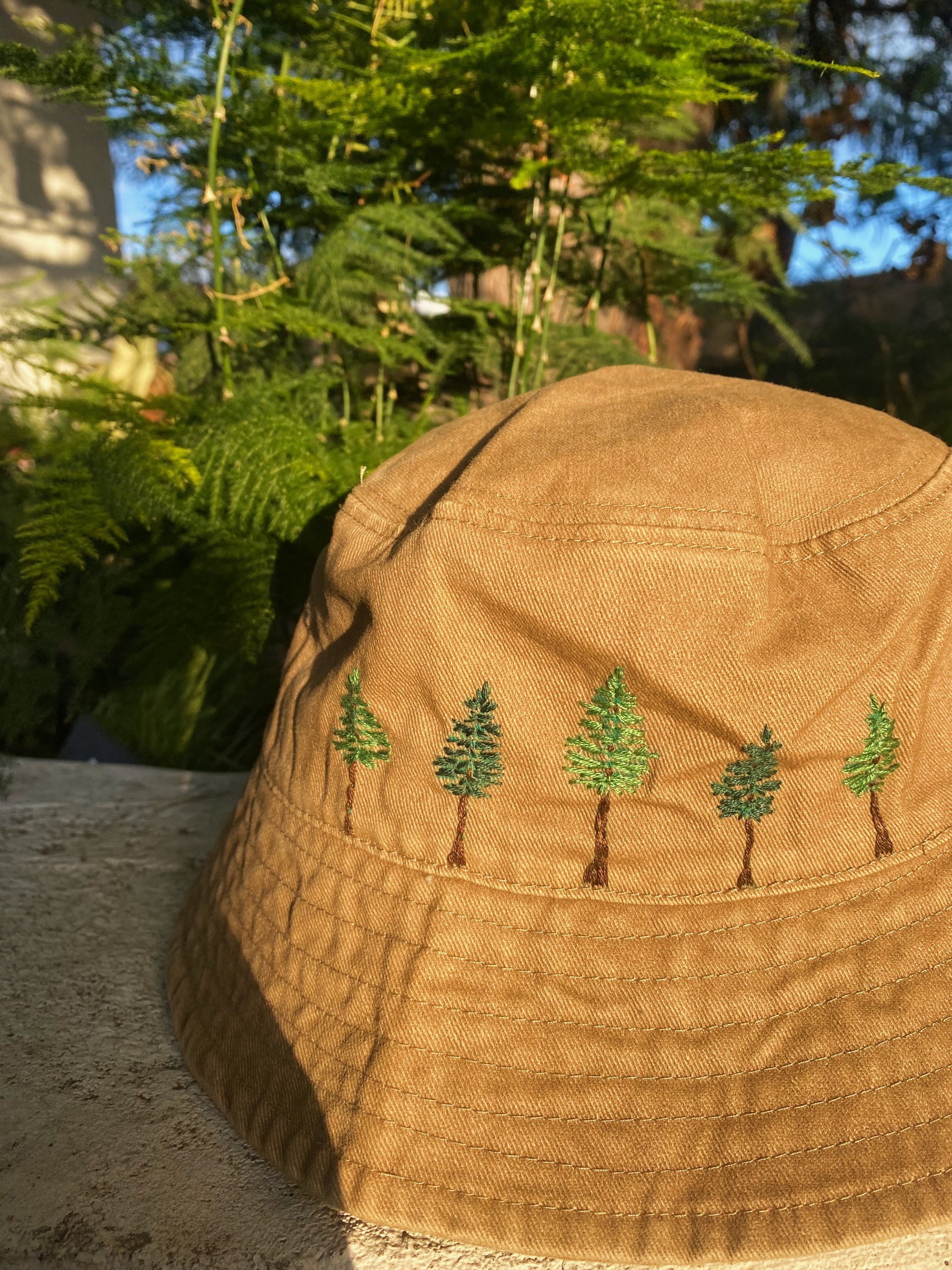 Hand Embroidered Pine Tree Spring-summer Bucket Hat, Custom Embroidered ...
