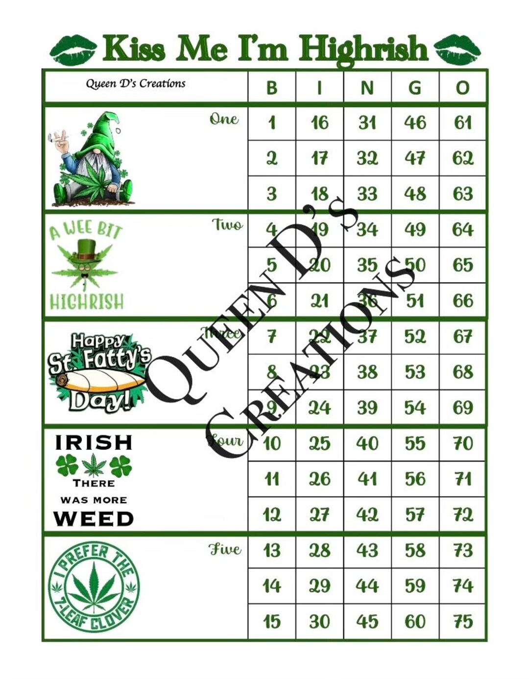 Kiss Me I'm Highrish Bingo Board - Etsy