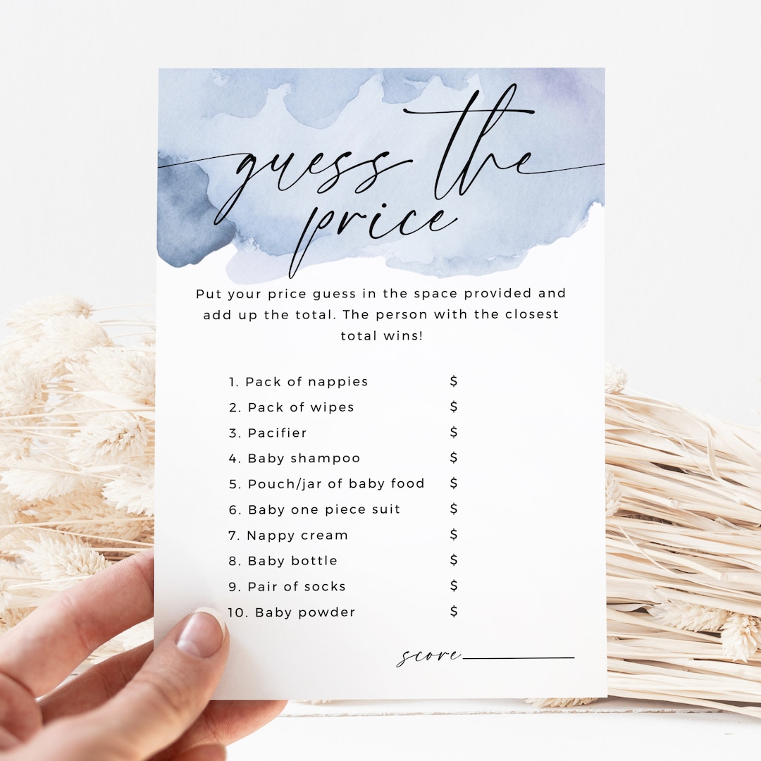 Guess the Price Baby Shower Game, Watercolour Dusty Blue Fun Activity ...